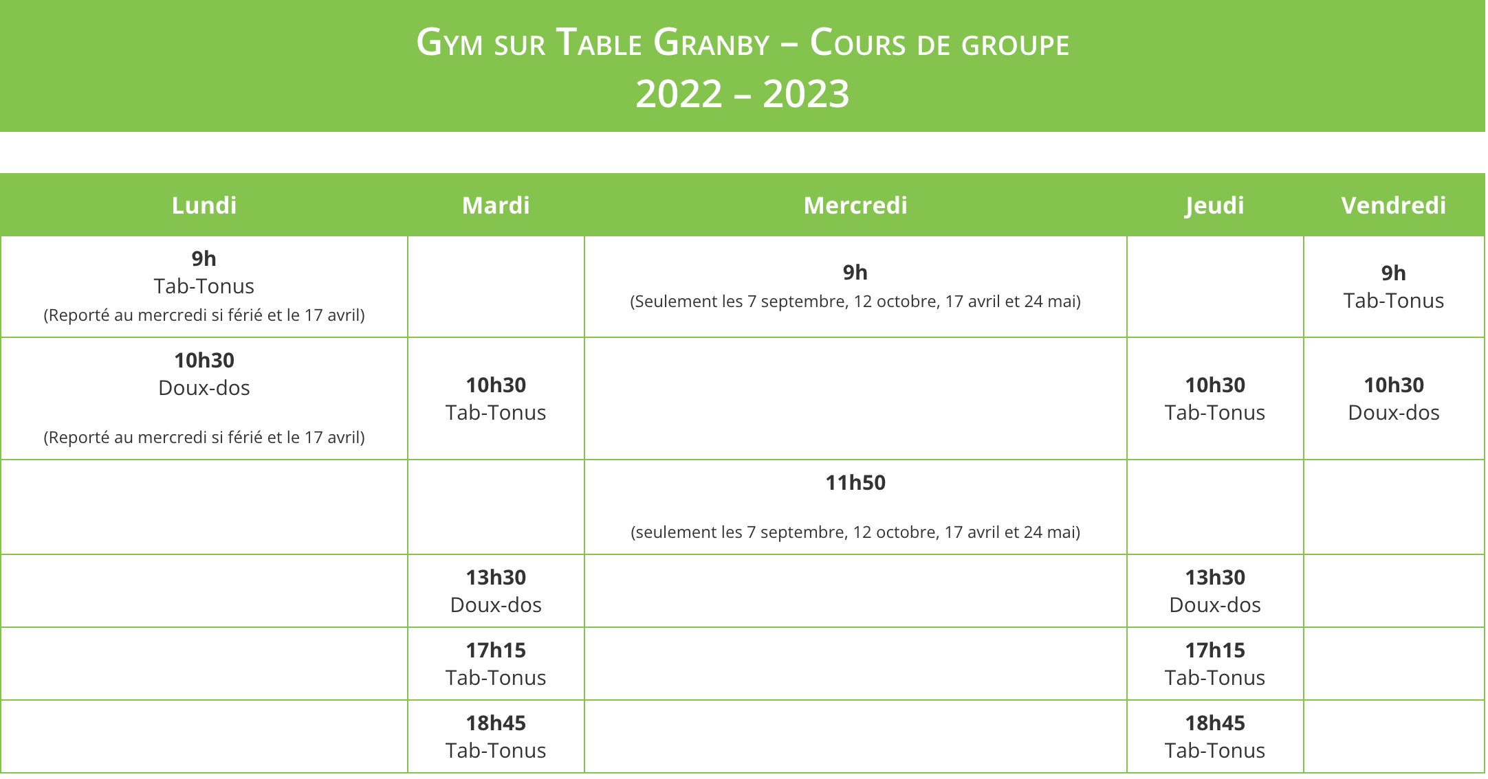 Horaire - Gym sur Table